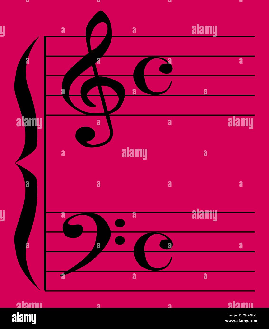 The bass and treble clef with stave lines set over a colored background ...