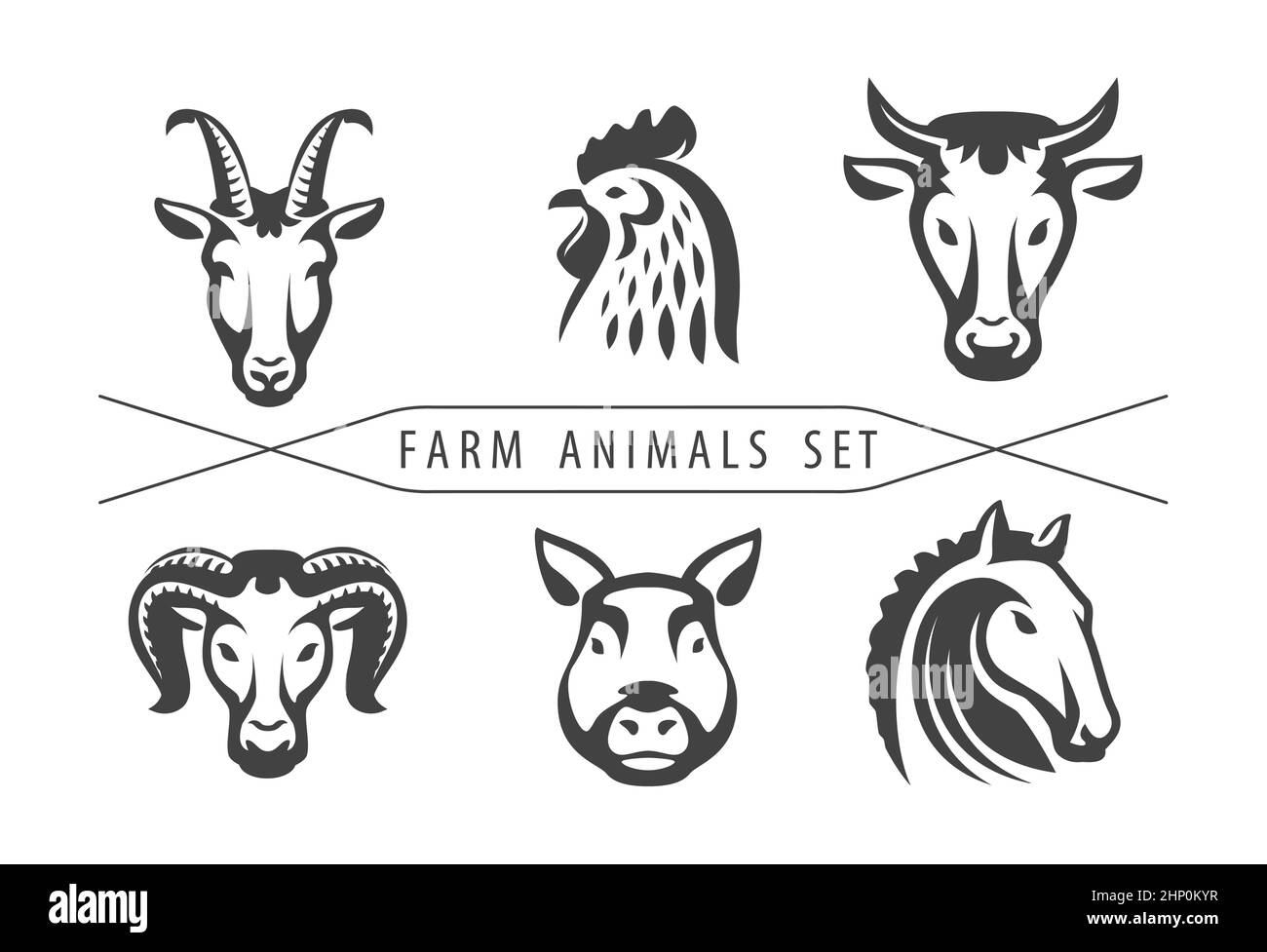 Farm animals set - Cow, Chicken, Ram, Pig, Horse, Goat. Template for ...