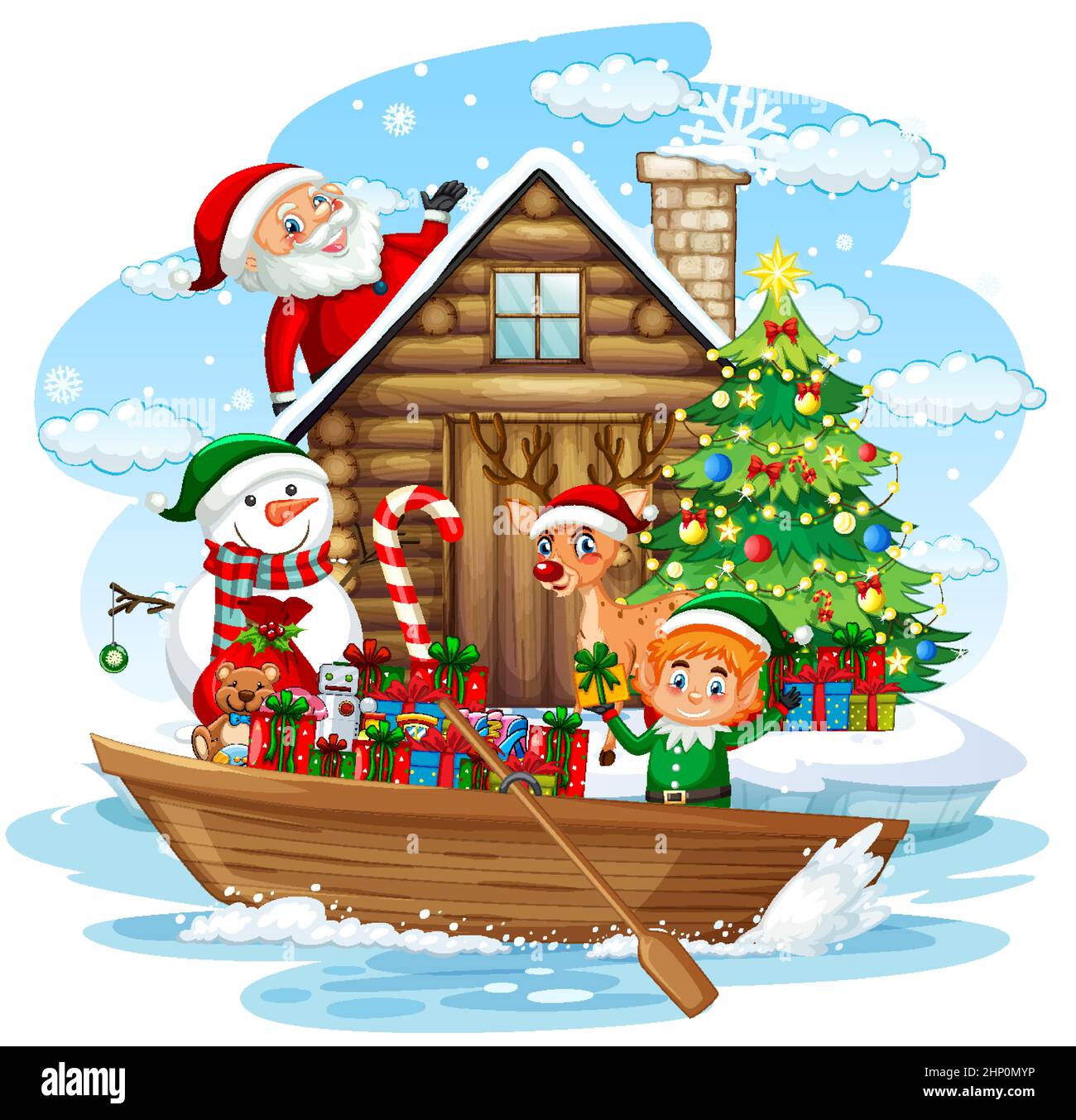 Santa Claus and elf delivering gifts by boat illustration Stock Vector ...