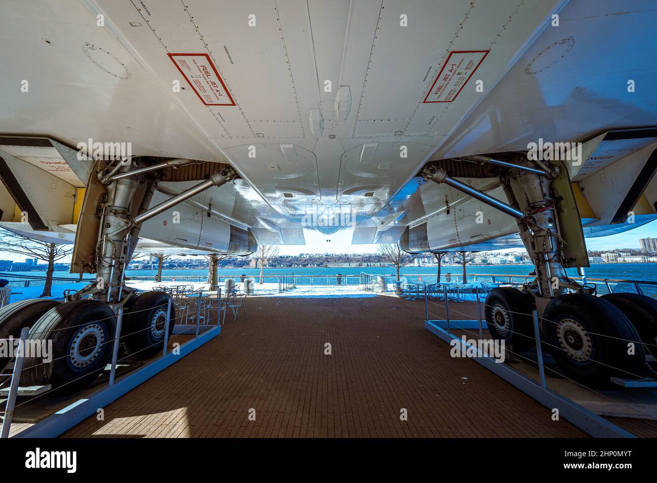 View from below of the BAC Aérospatiale Concorde exhibit on the Hudson ...