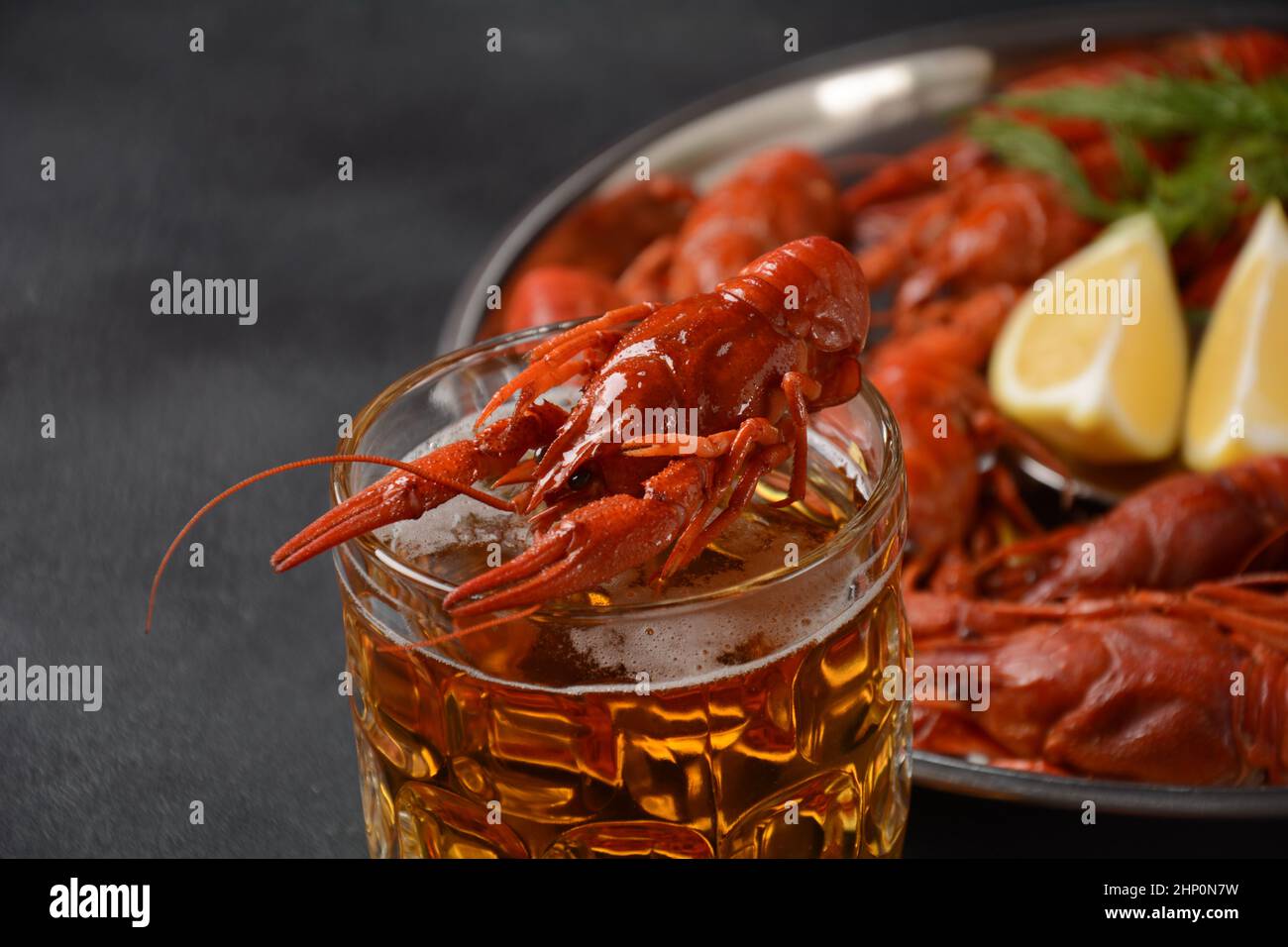 Red boiled crawfishes on table in rustic style. Asian Chinese Food ...