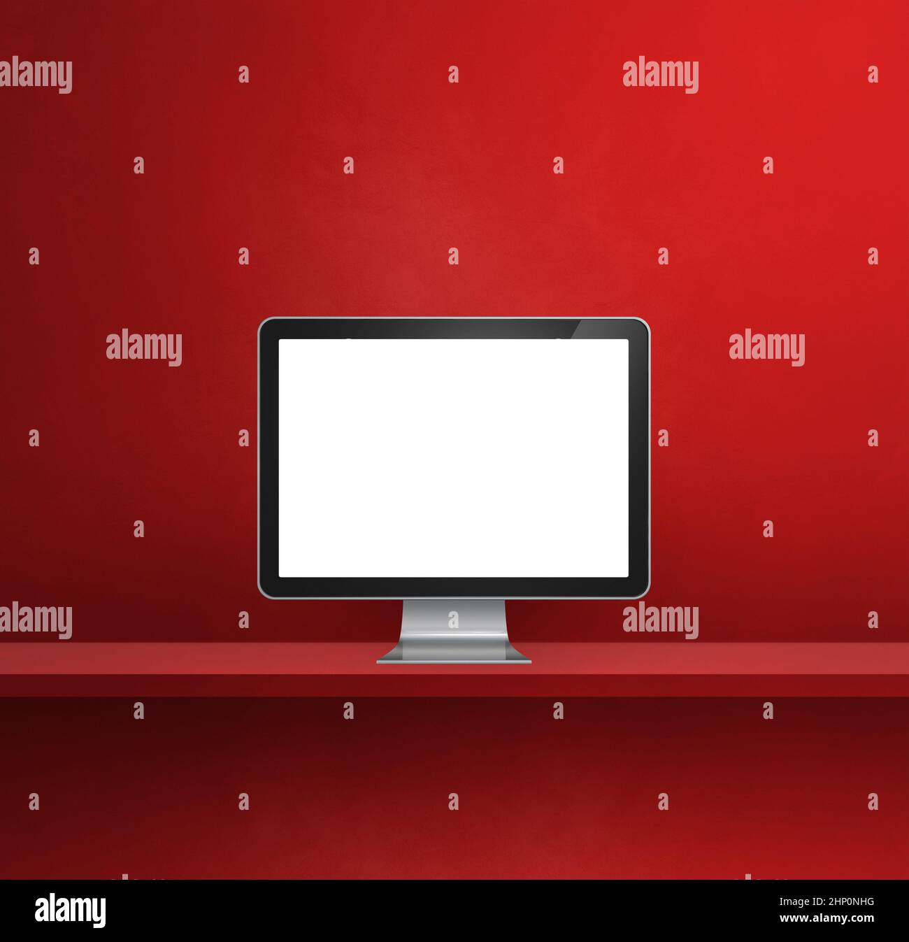 Computer pc - red wall shelf background. 3D Illustration Stock Photo ...