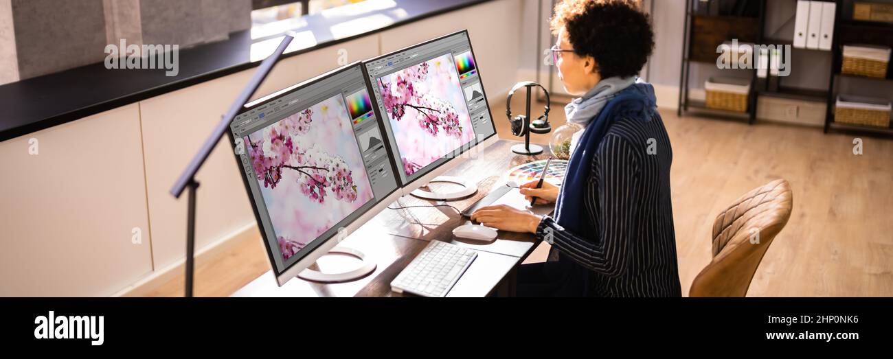 Graphic Designer Artist Working On Multiple Computer Screens Stock ...
