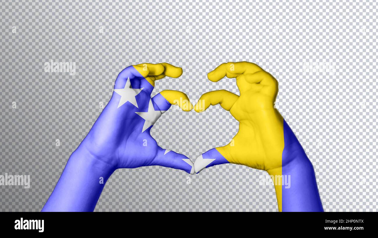 Bosnia and Herzegovina flag color, hands show symbol of heart and love ...