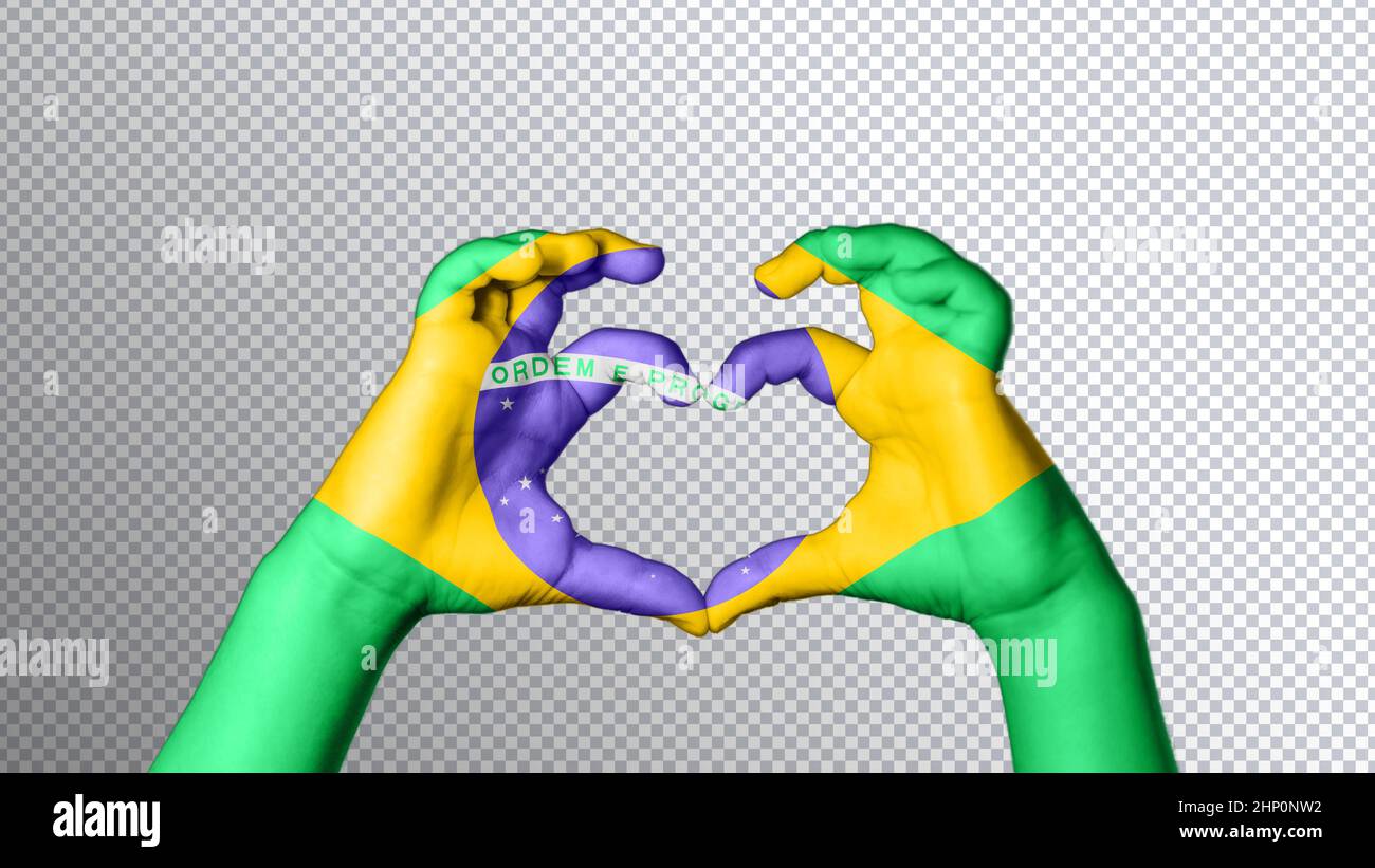 Brazil flag color, hands show symbol of heart and love, clipping path ...