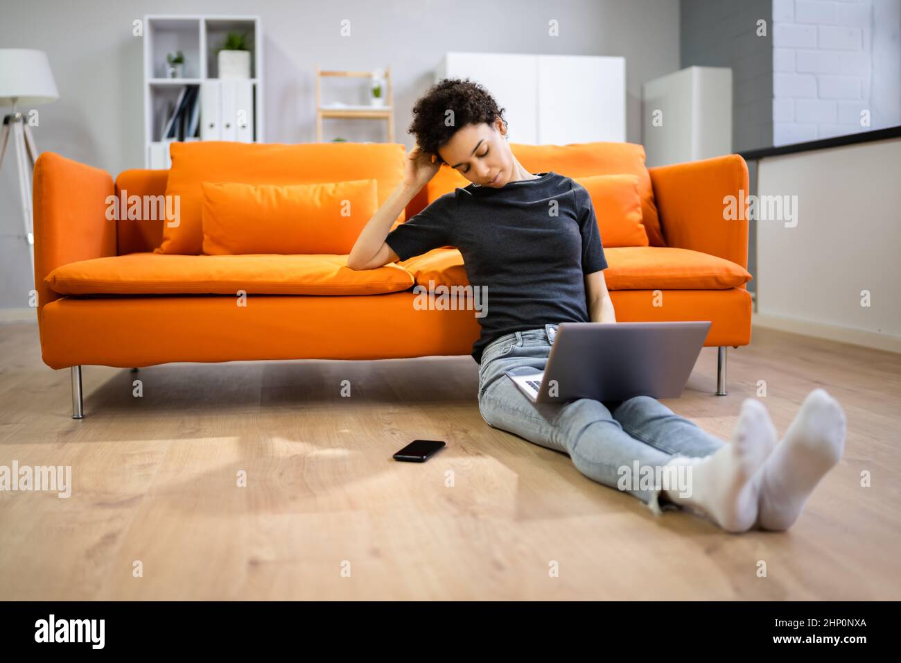 Bored Unhappy Woman Watching Online Virtual Lecture Webinar Stock Photo ...