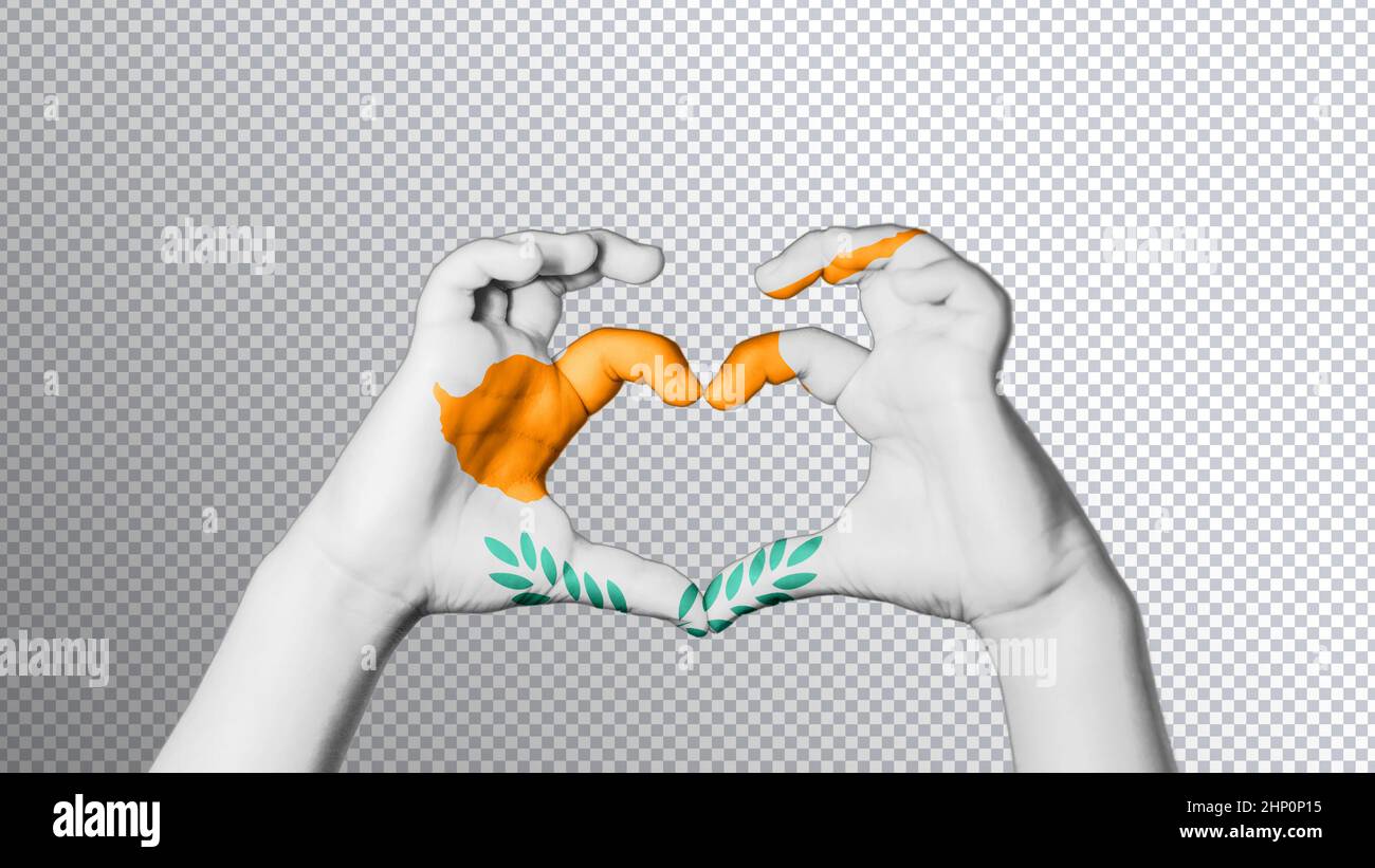 Cyprus flag color, hands show symbol of heart and love, clipping path ...
