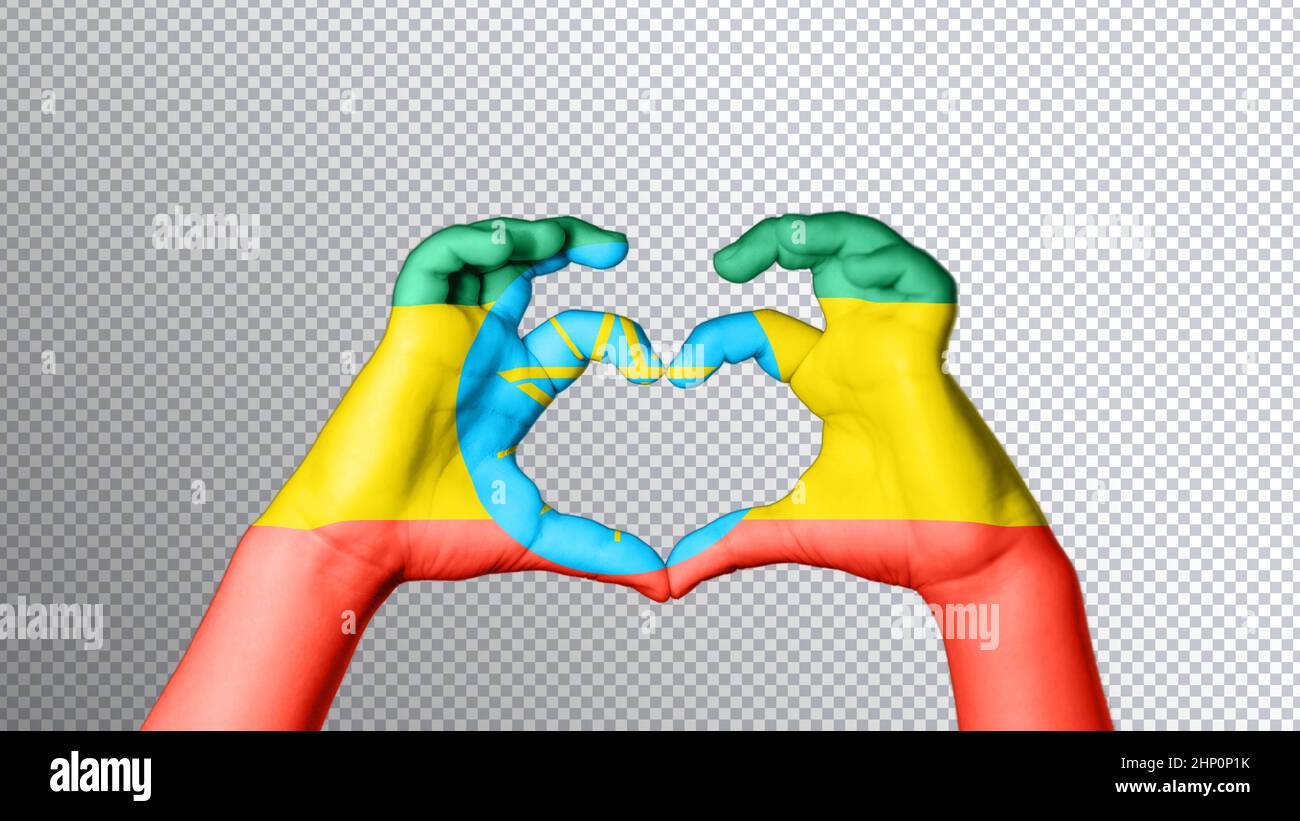 Ethiopia flag color, hands show symbol of heart and love, clipping path ...