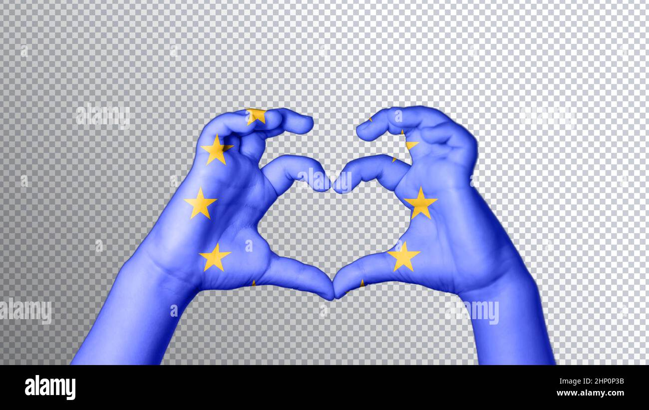 European Union flag color, hands show symbol of heart and love ...