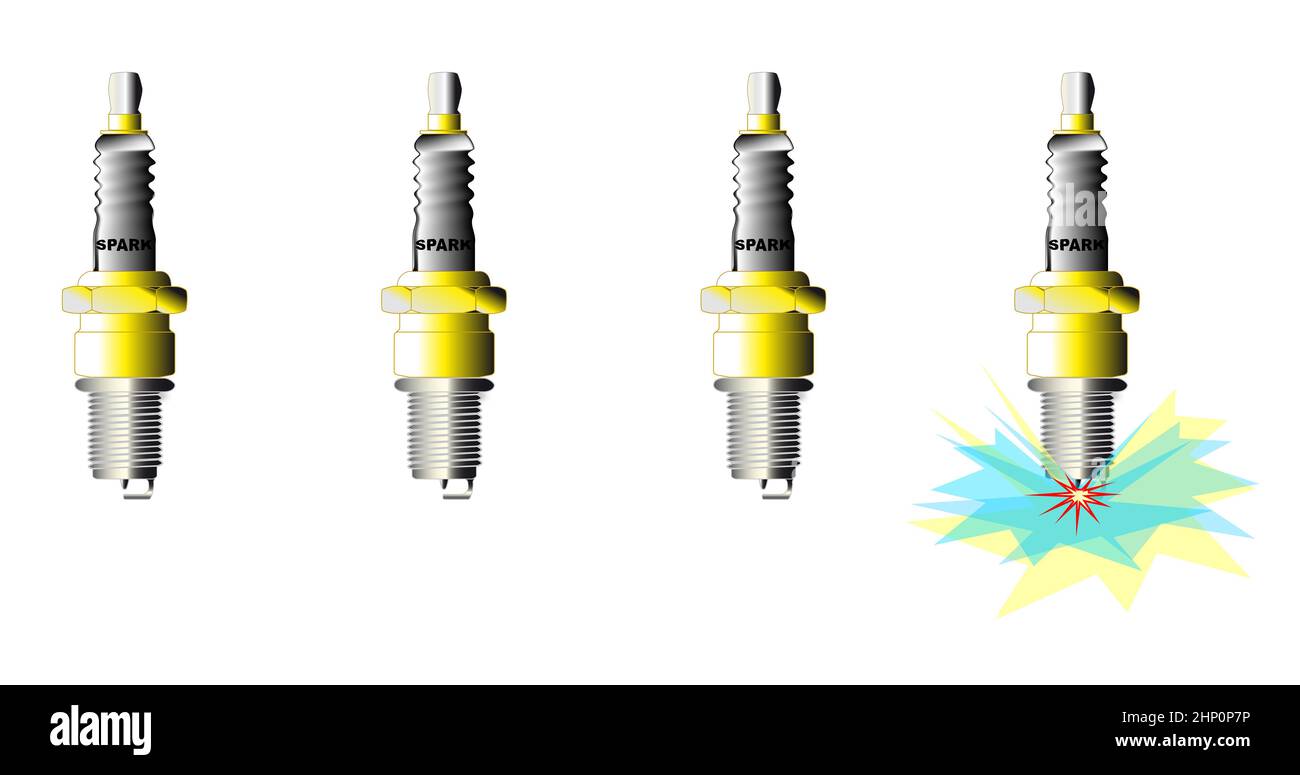 A single spark plug sparkingfrom a set of 4 in line isolated on a white ...