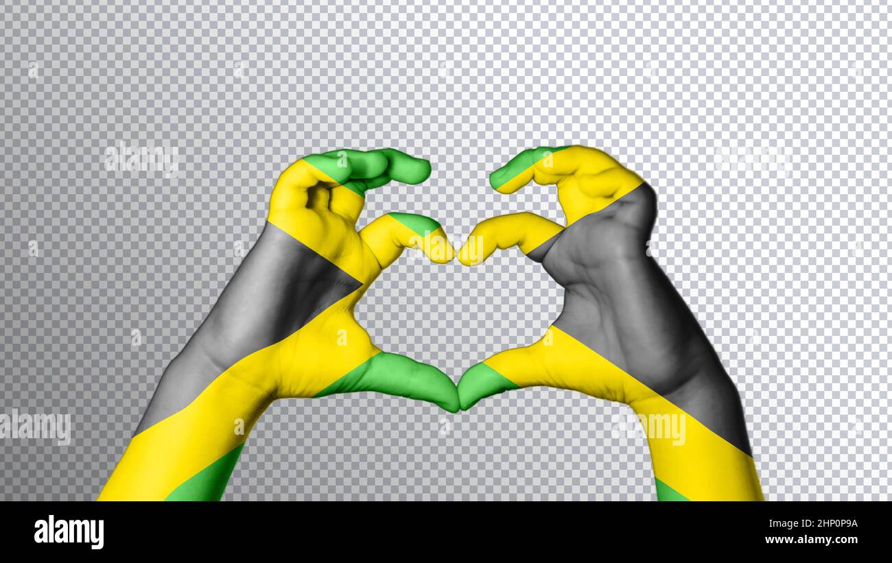 Jamaica flag color, hands show symbol of heart and love, clipping path ...