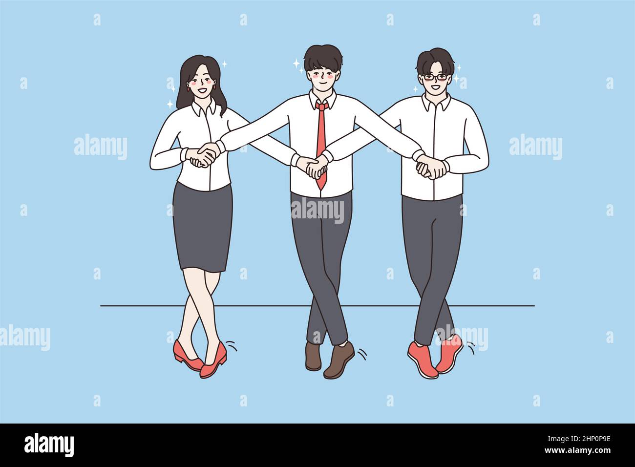 Teamwork and corporate party concept. Group of three colleagues holding ...
