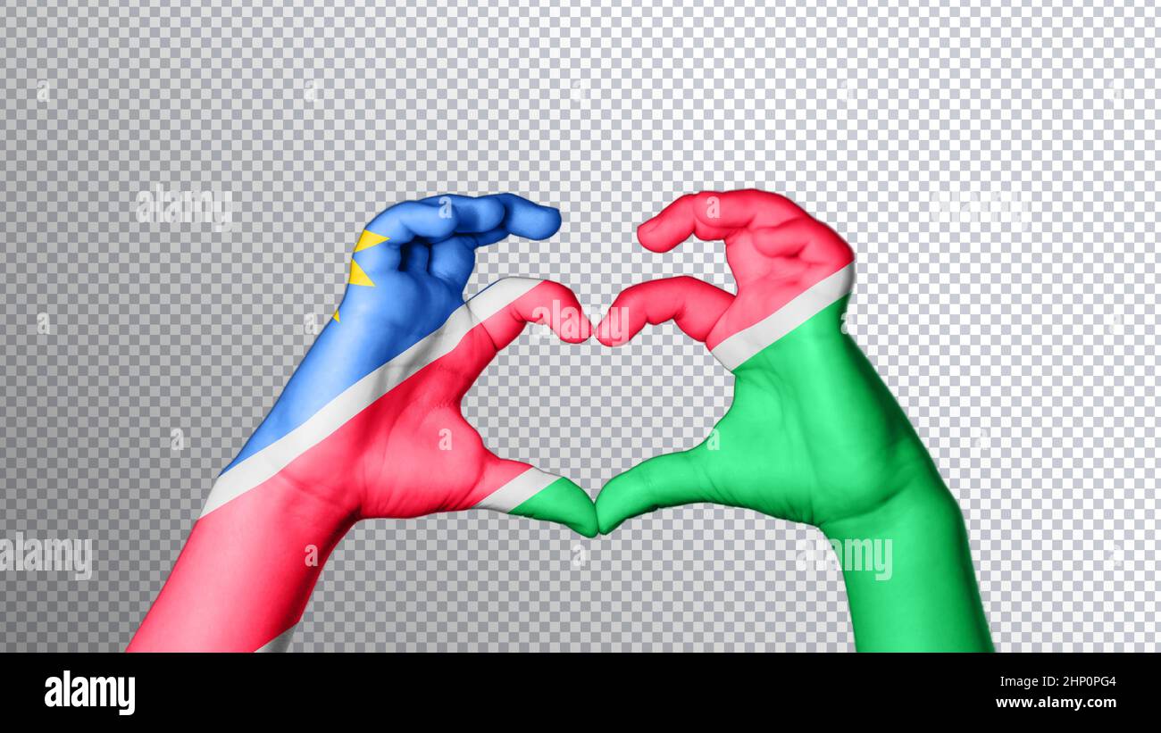 Namibia flag color, hands show symbol of heart and love, clipping path ...