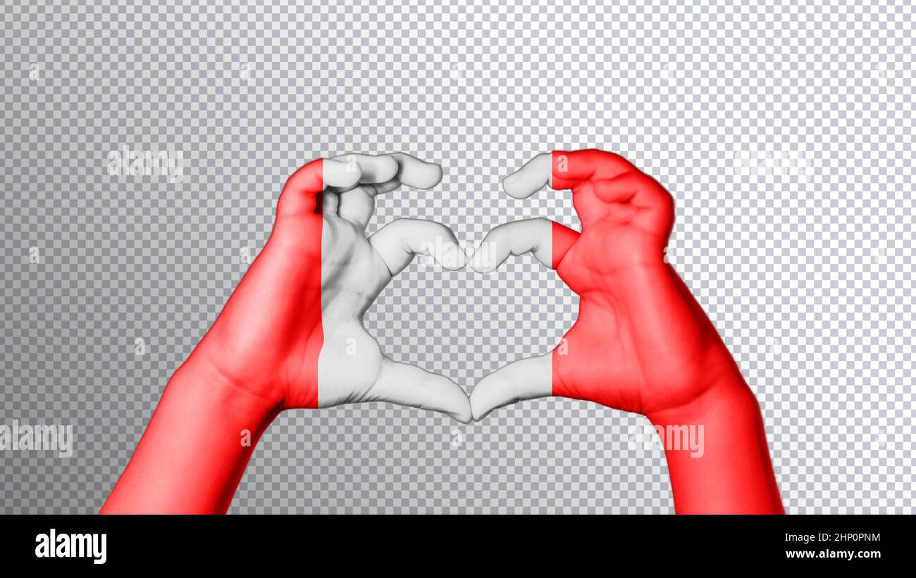 Peru flag color, hands show symbol of heart and love, clipping path ...