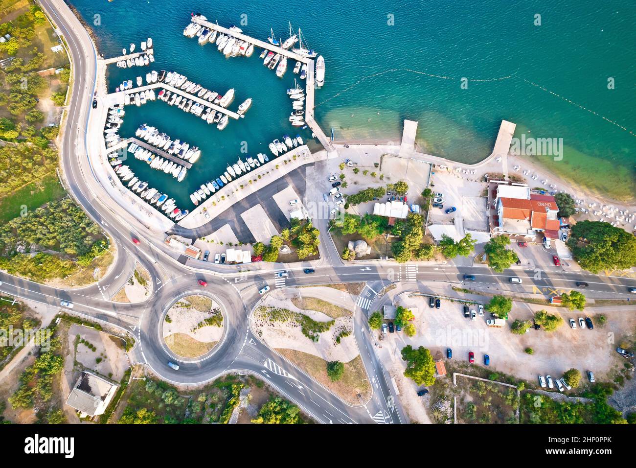 Dunat beach and harbor in Punat on Krk island aerial view, archipelago ...