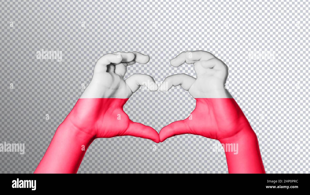 Poland flag color, hands show symbol of heart and love, clipping path ...