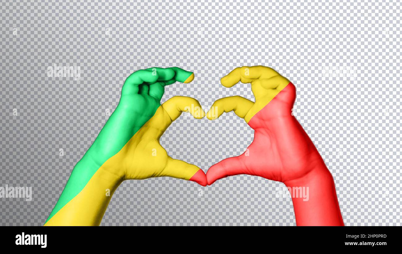 Republic of the Congo flag color, hands show symbol of heart and love ...