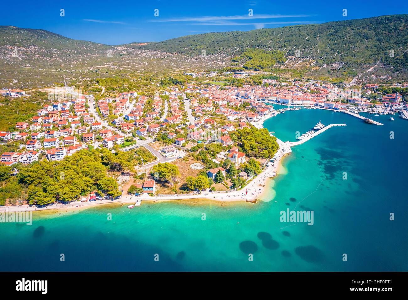 Town of Cres beach and coastline aerial view, Island of Cres, Kvarner ...