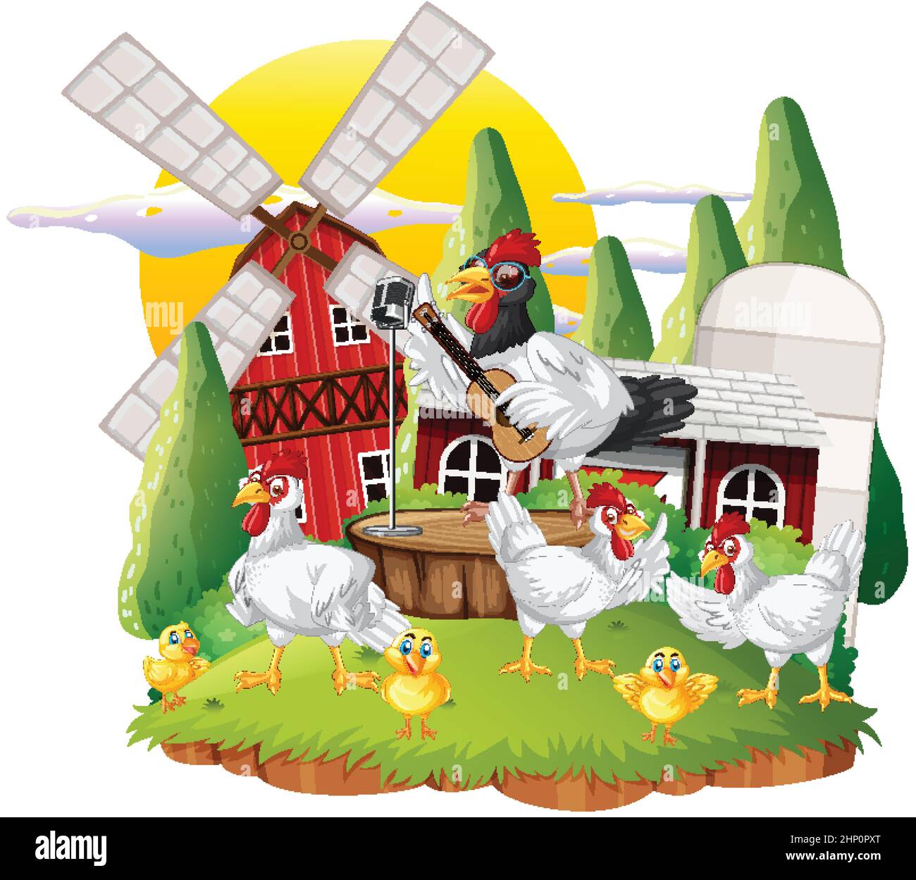 An isolated scene with a group of chickens in cartoon style ...