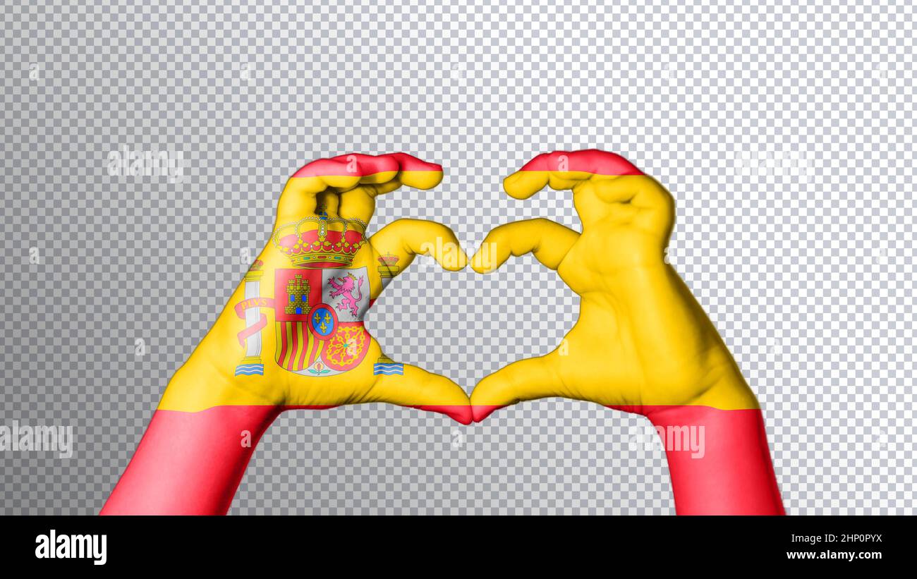 Spain flag color, hands show symbol of heart and love, clipping path ...
