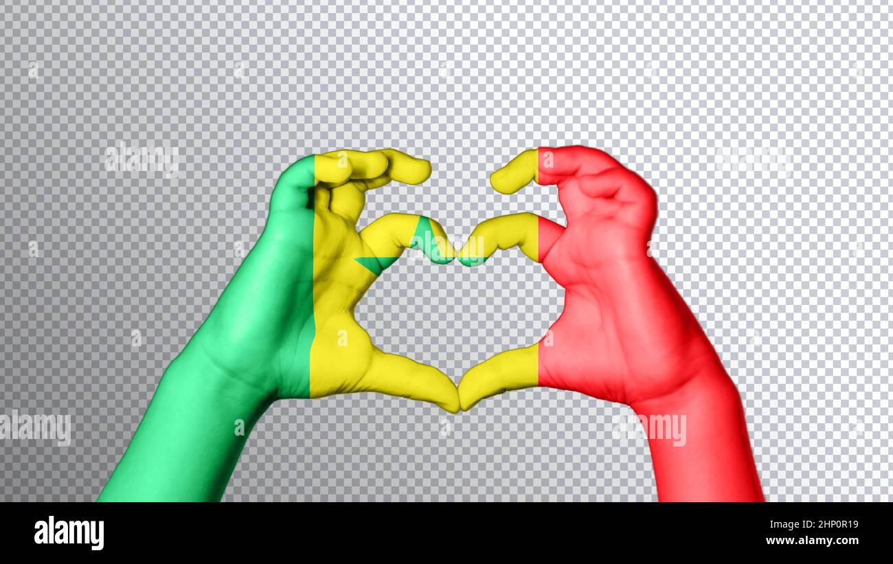 Senegal flag color, hands show symbol of heart and love, clipping path ...