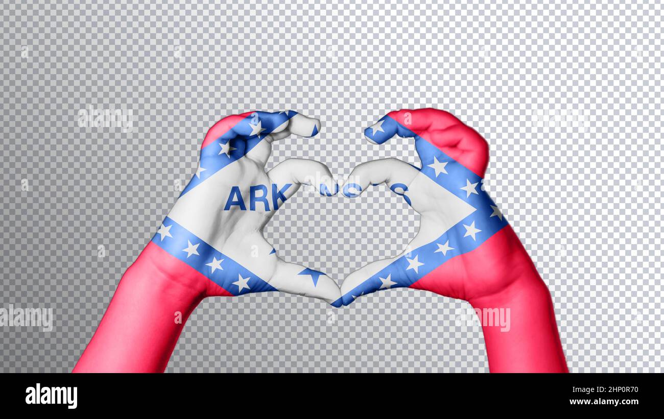 Arkansas flag color, hands show symbol of heart and love, clipping path ...