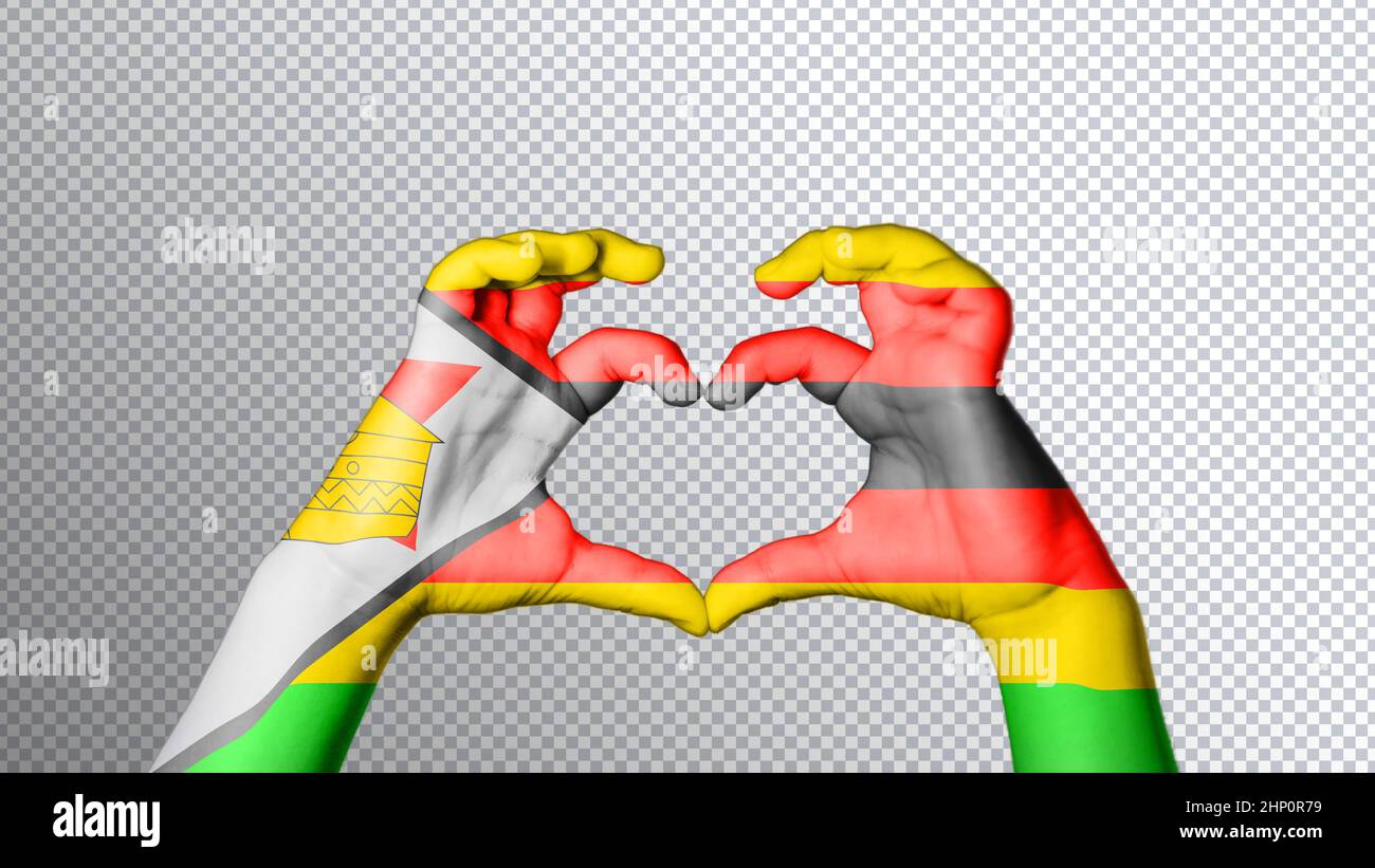 Zimbabwe flag color, hands show symbol of heart and love, clipping path ...