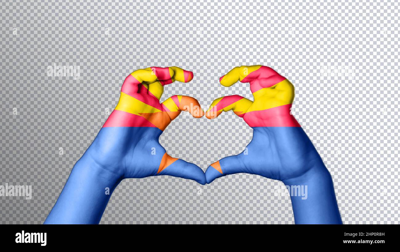 Arizona flag color, hands show symbol of heart and love, clipping path ...