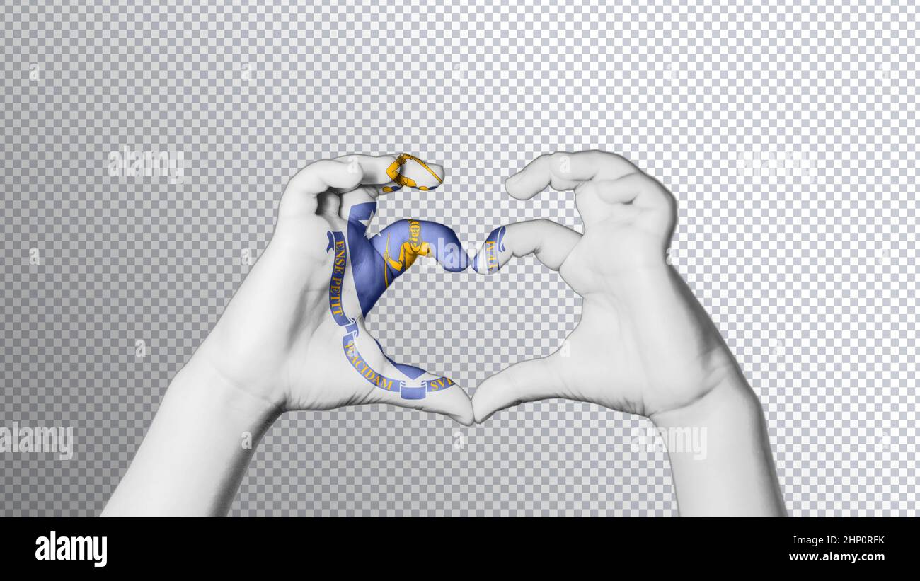 Massachusetts flag color, hands show symbol of heart and love, clipping ...