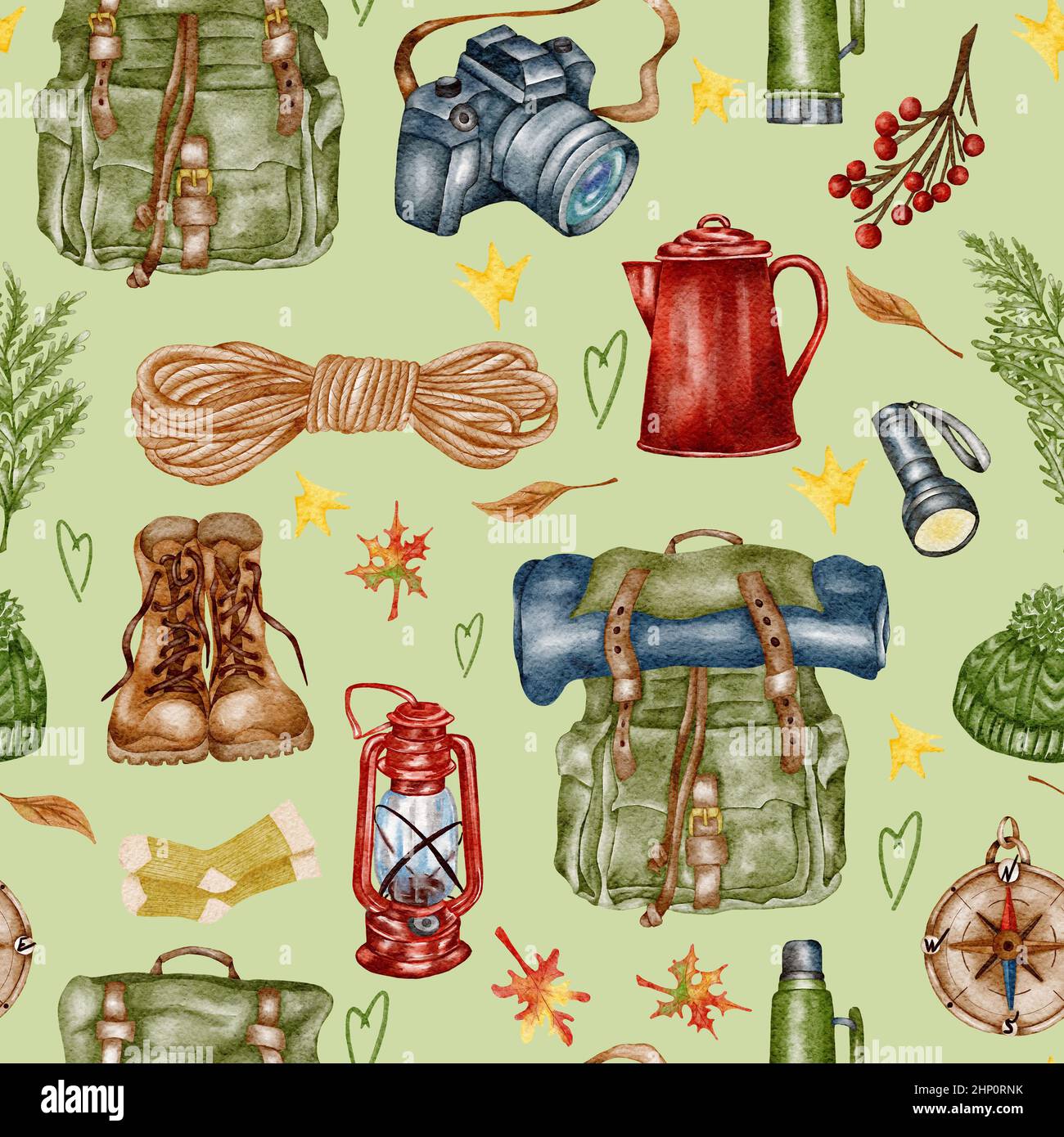 Forest seamless pattern. Wild nature. Camping watercolor seamless ...