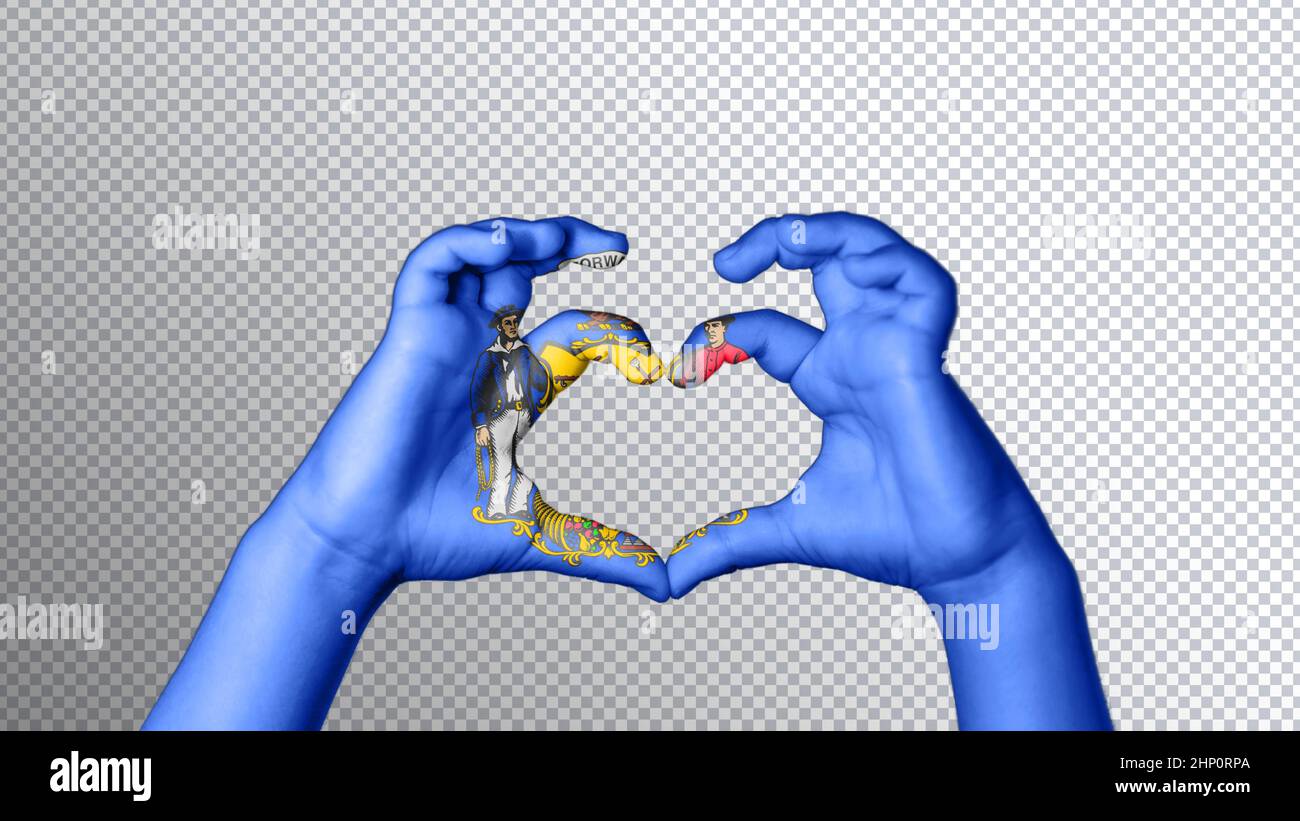 Wisconsin flag color, hands show symbol of heart and love, clipping ...
