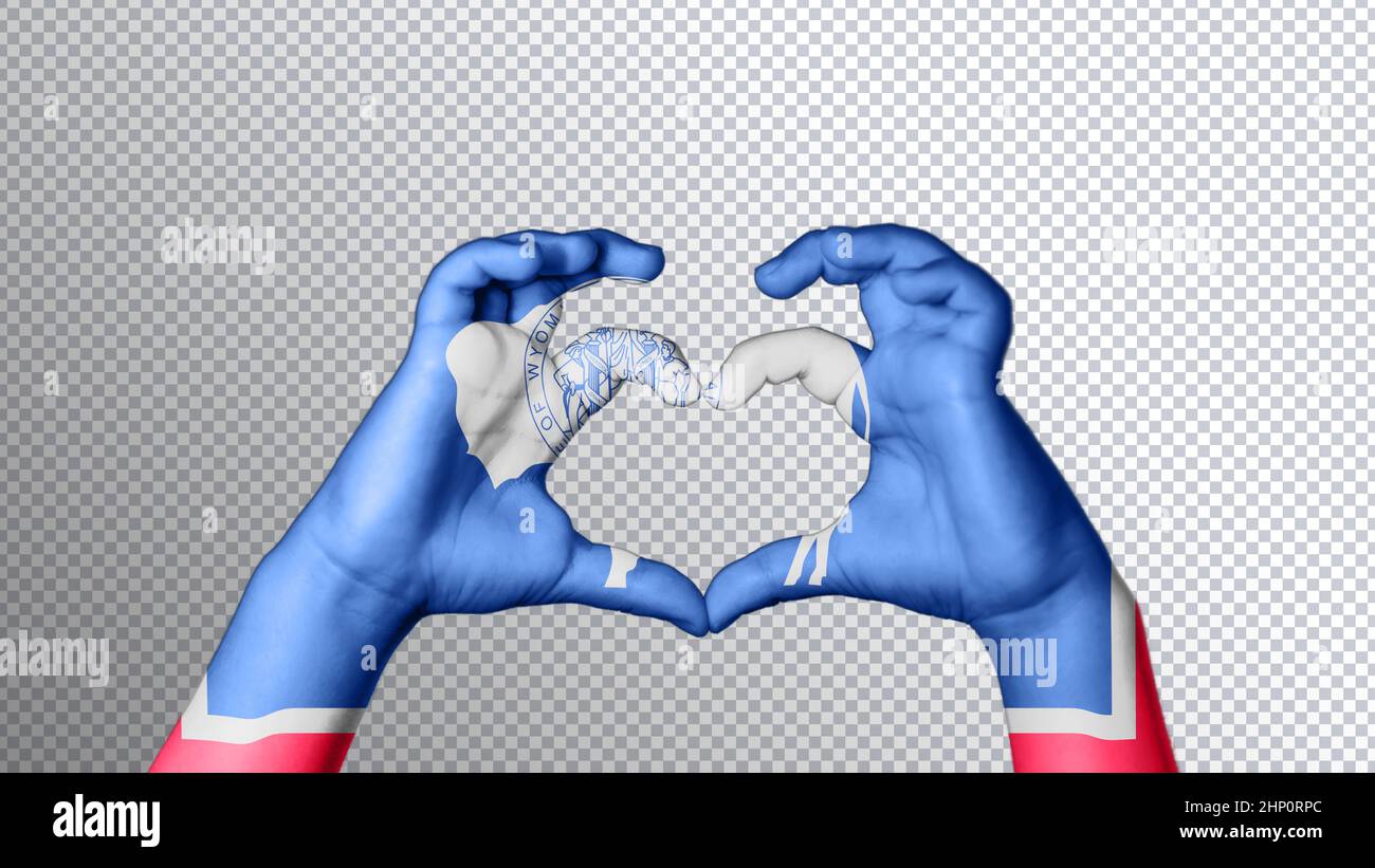 Wyoming flag color, hands show symbol of heart and love, clipping path ...