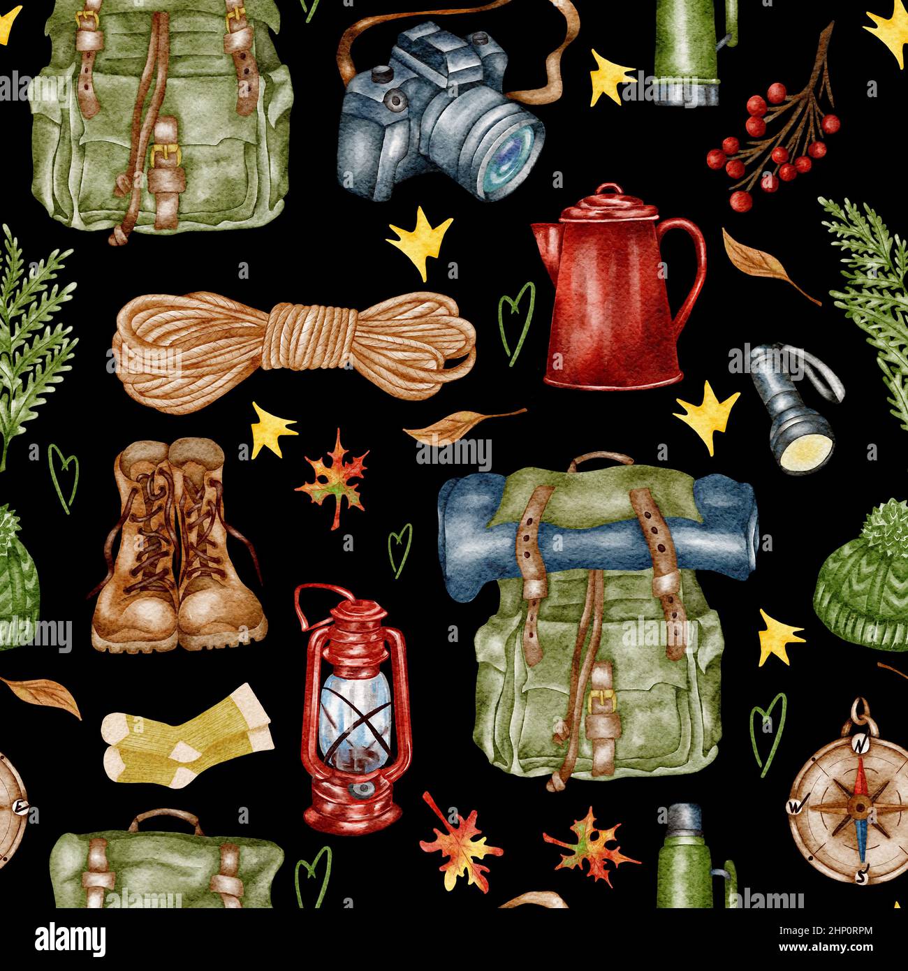 Forest seamless pattern. Wild nature. Camping watercolor seamless ...