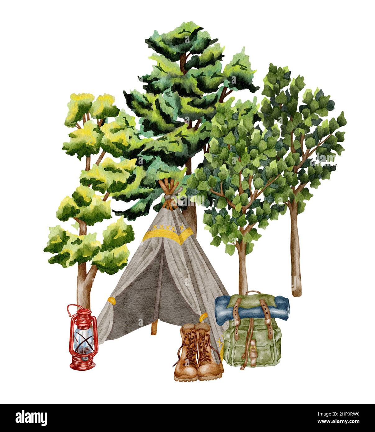 Camping clipart. Hand drawn wild camping illustration. Forest, hiking ...