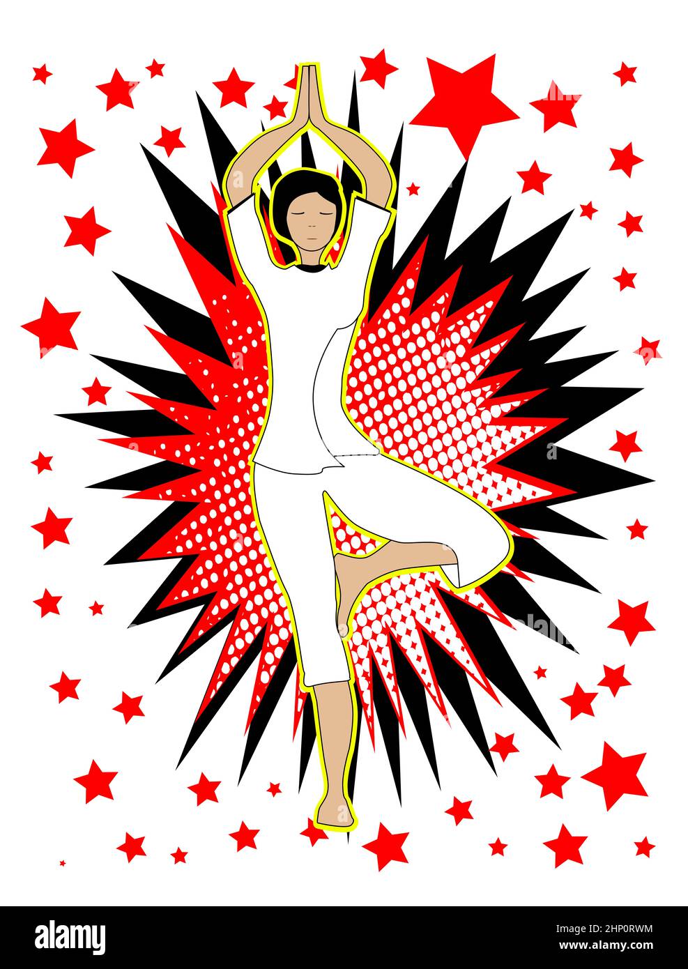 A yoga pse poster with halftone red splash with stars on a white ...