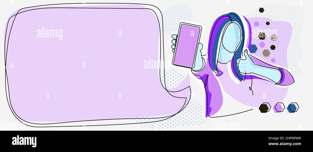 Line Drawing For Lady Holding Phone Presenting New Ideas With Speech ...