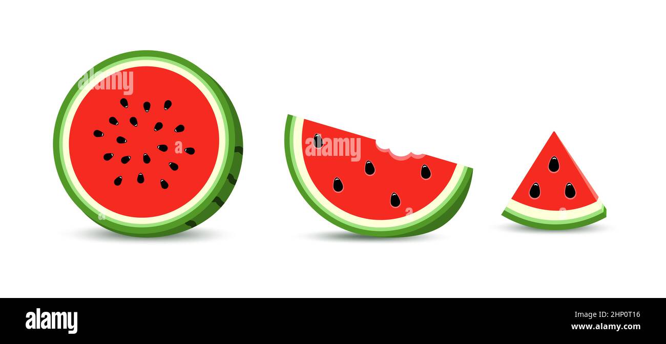 Set of sliced slices of ripe red watermelon. Half, part and triangular ...