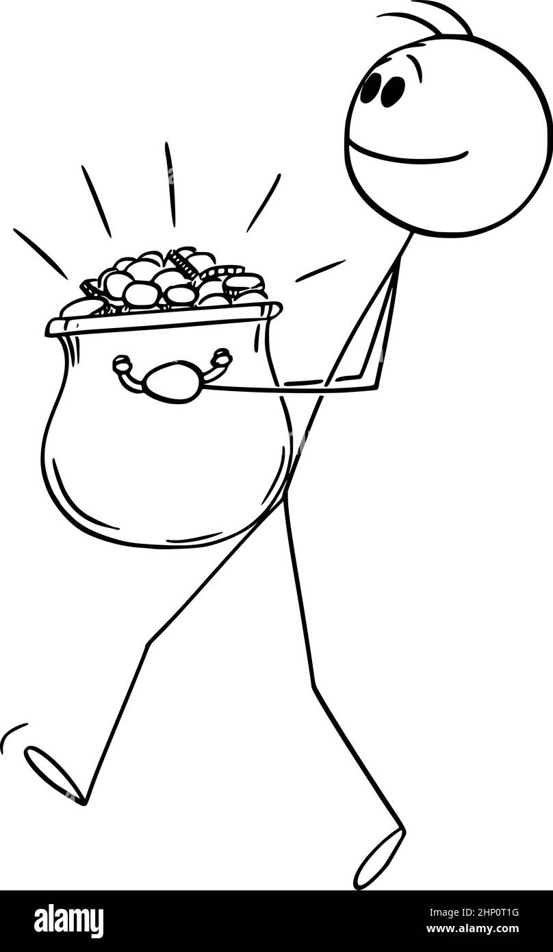 Lucky Person Holding Pot of Gold or Money , Vector Cartoon Stick Figure ...