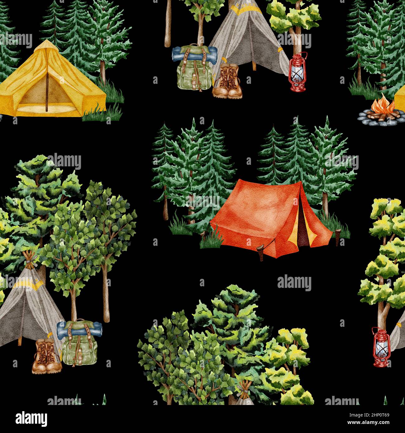 Forest seamless pattern. Wild nature. Camping watercolor seamless ...