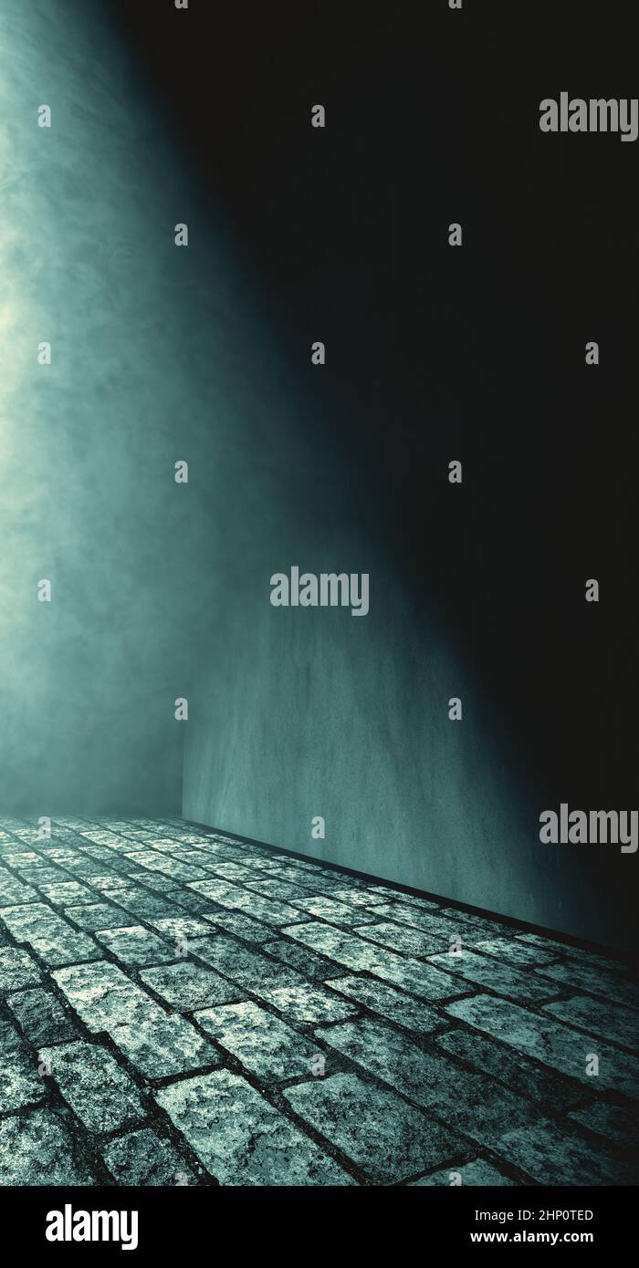 Street or urban place in the dark night.Cobblestone floor and concrete ...