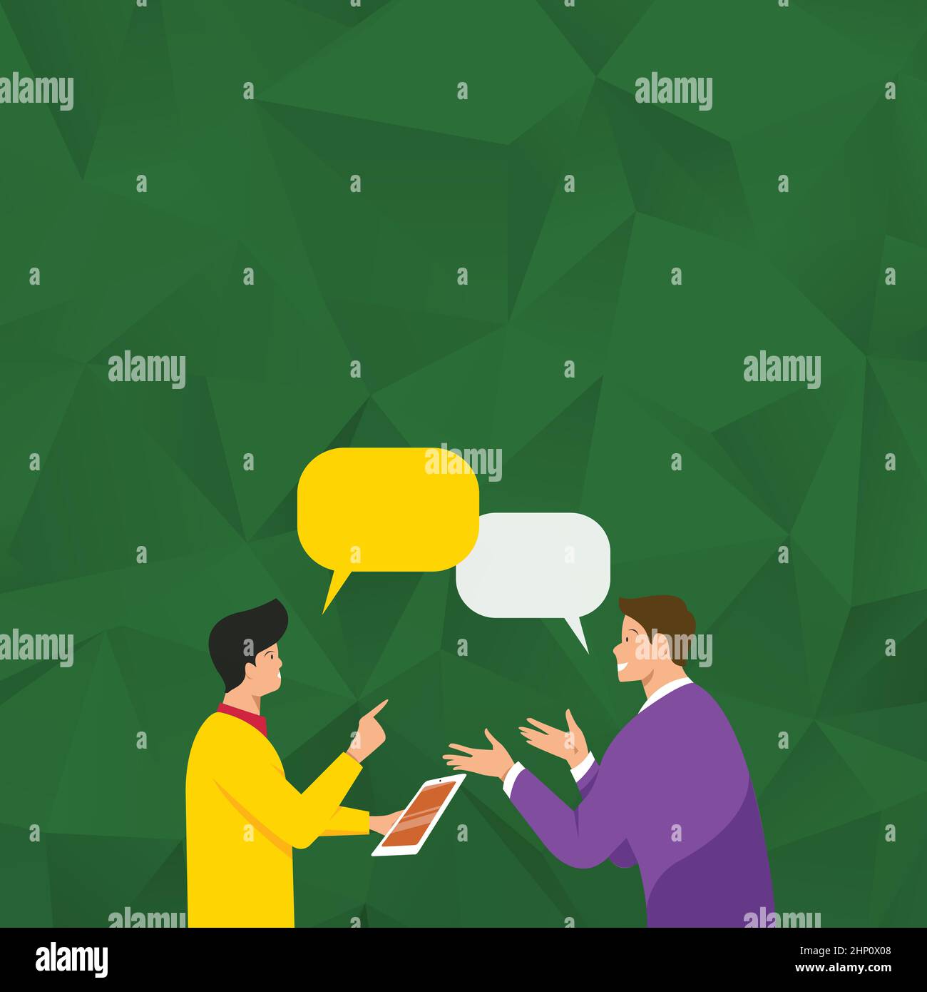 Two Men Colleagues Standing Sharing Thoughts Together With Speech ...