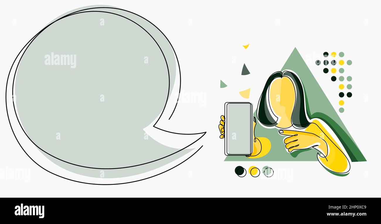 Line Drawing For Lady Holding Phone Presenting New Ideas With Speech ...