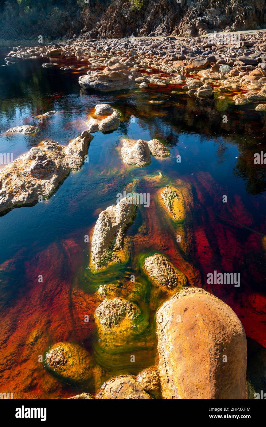 The 'Rio Tinto' river, in Huelva, Spain, whose waters dye the rocks of ...