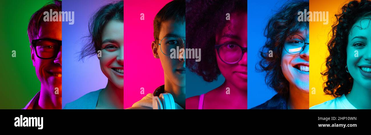 Multiethnic friends. Cropped portraits of people on multicolored ...