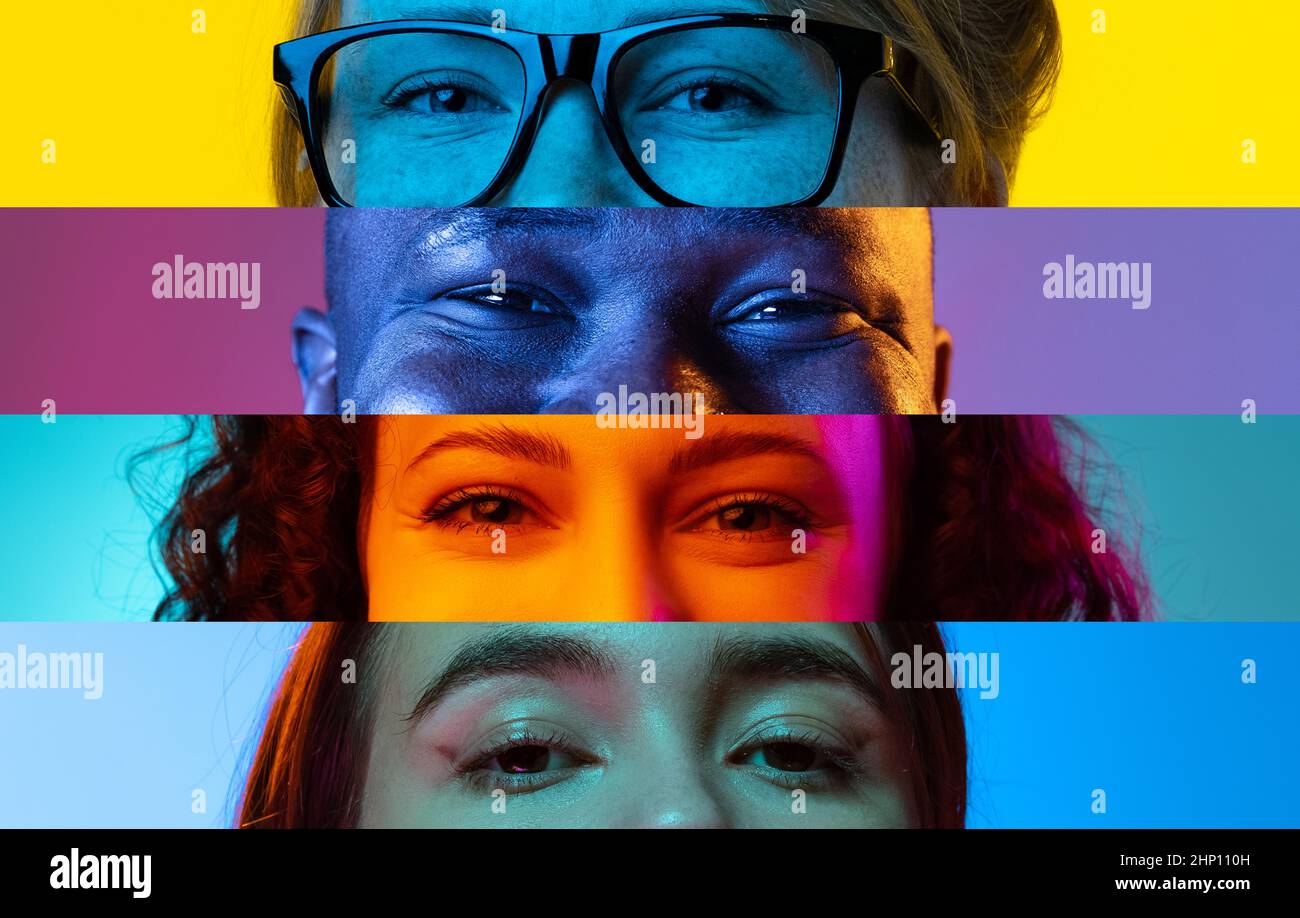 Neon stripes, loines. Closeup human eyes on multicolored background in ...