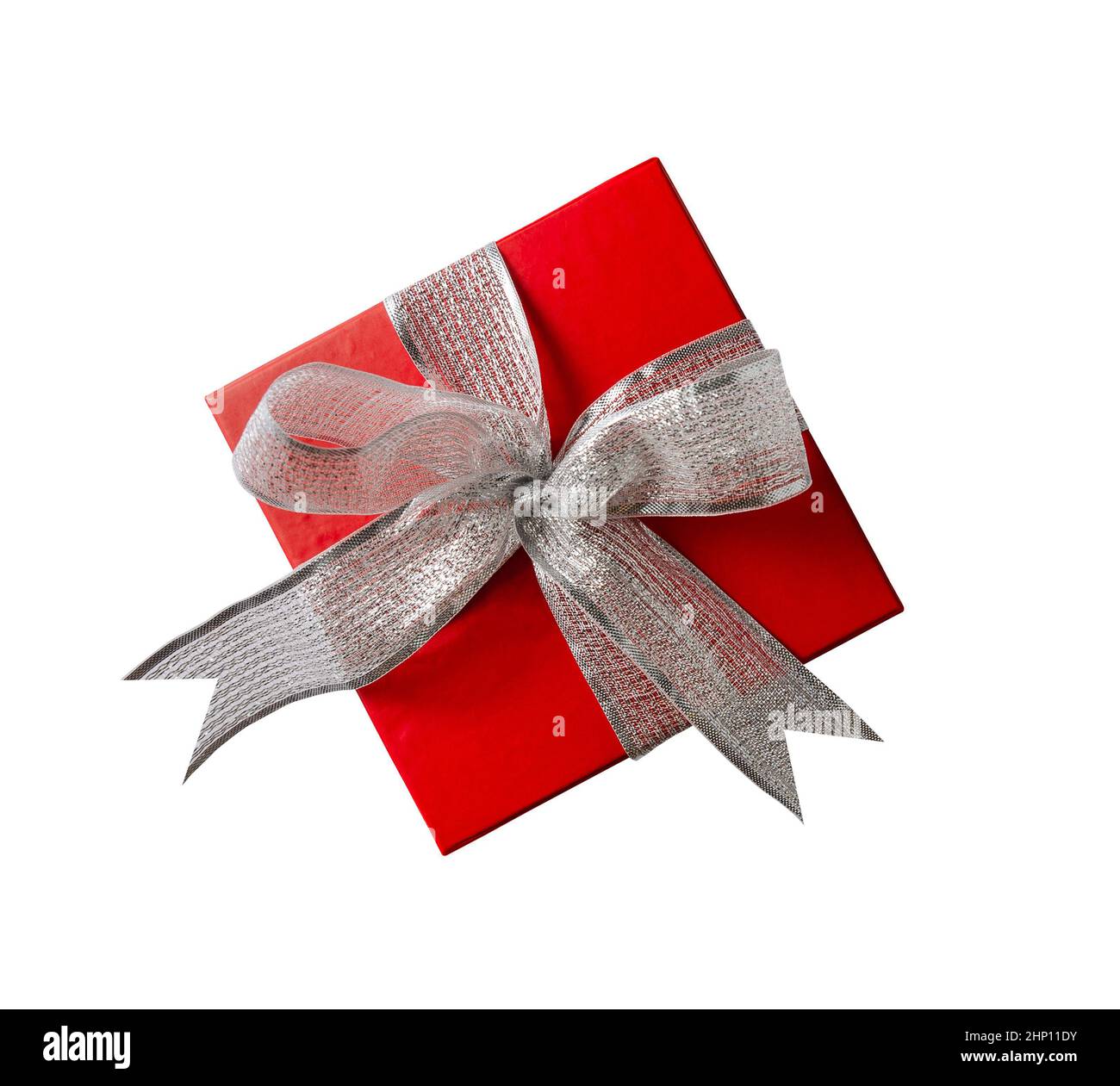 Top view of bright red gift box with silver ribbon isolated on white ...