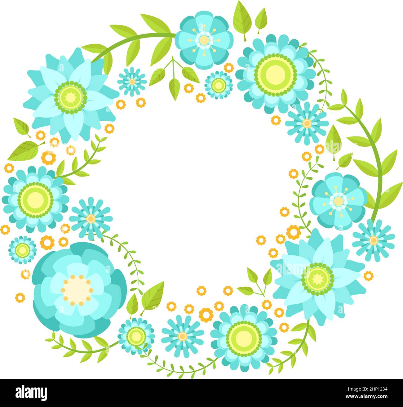 Round floral ornament with blue flowers. Green wreath Stock Vector ...