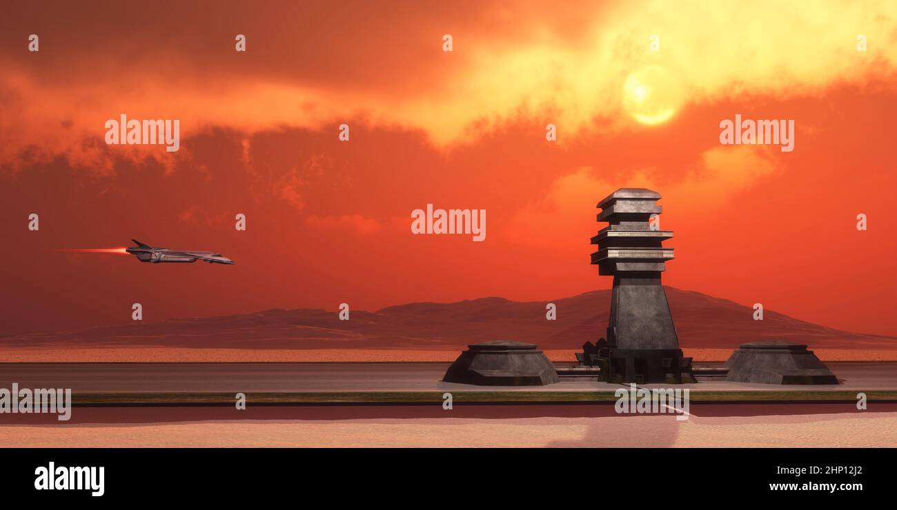 An airport on Mars planet receives a starcraft from Earth Stock Photo ...