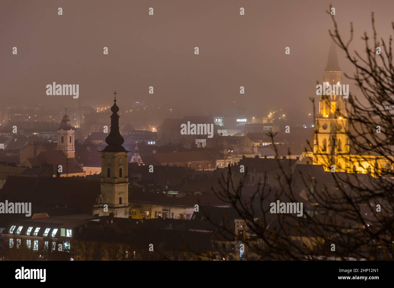Aerial night view of Cluj-Napoca, Transylvania, Romania, autumn urban ...