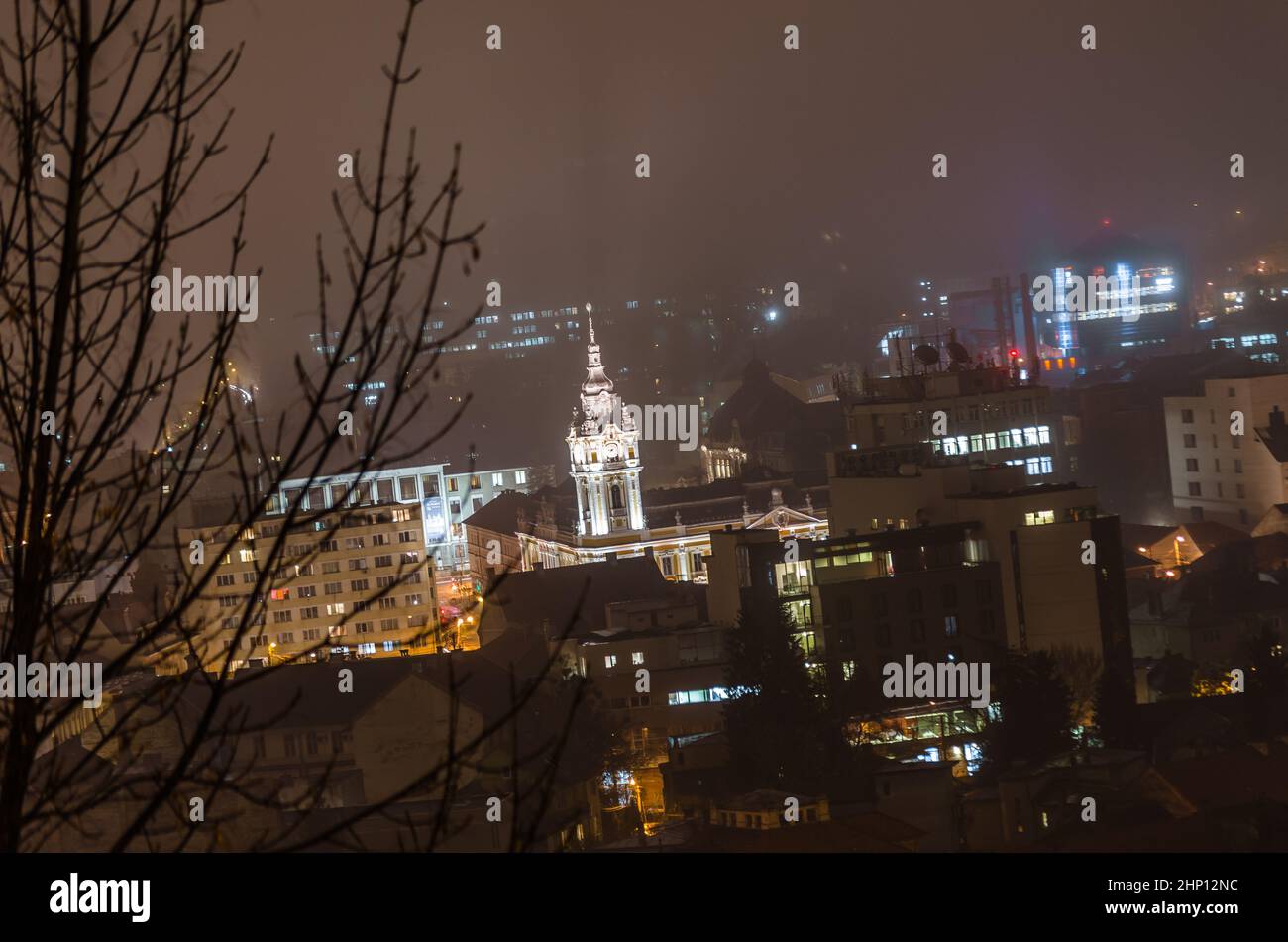 Aerial night view of Cluj-Napoca, Transylvania, Romania, autumn urban ...